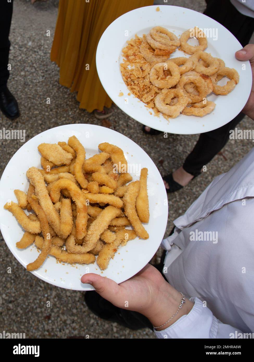 waiter holding a dish of appetizers BBQ wings fried squid rings in ...