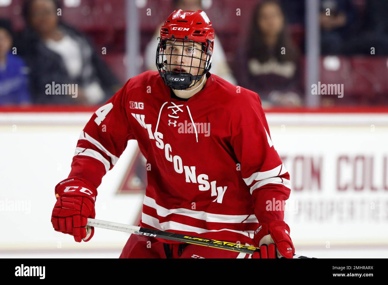 Wisconsin's Dylan Holloway during an NCAA hockey game against Boston ...