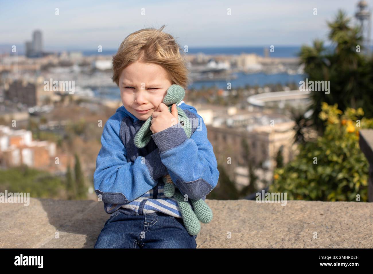 Cute little children tourists admiring Barcelona city, family travel ...