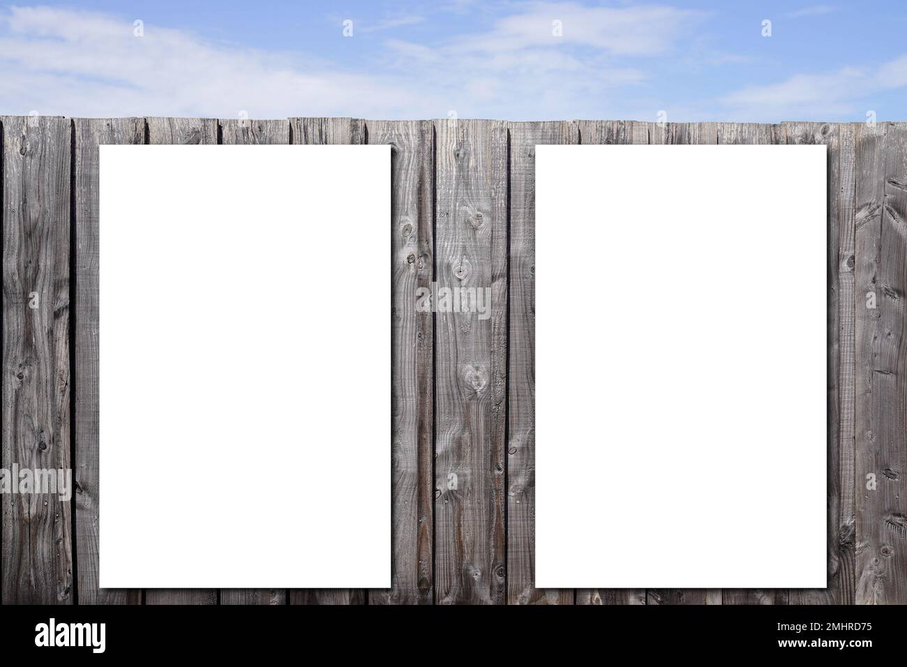 two blank white panel billboard mockup wooden wall background mock up ...
