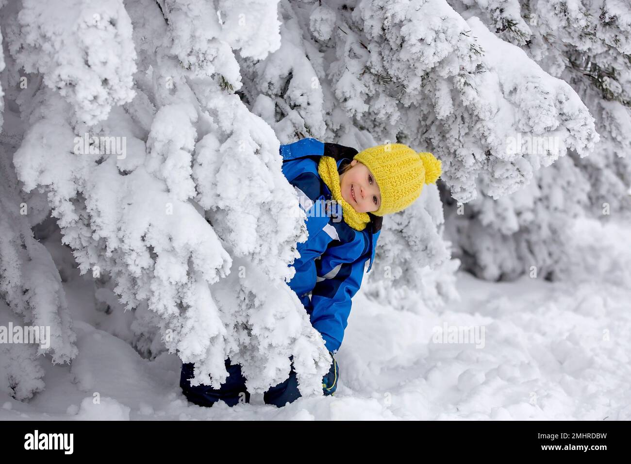 Sweet happy child, playing in deep snow in forest Stock Photo - Alamy