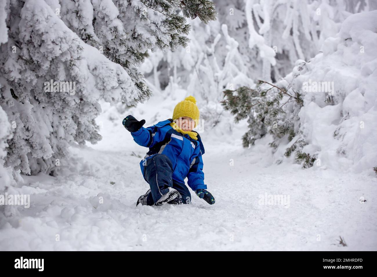 Sweet happy child, playing in deep snow in forest Stock Photo - Alamy