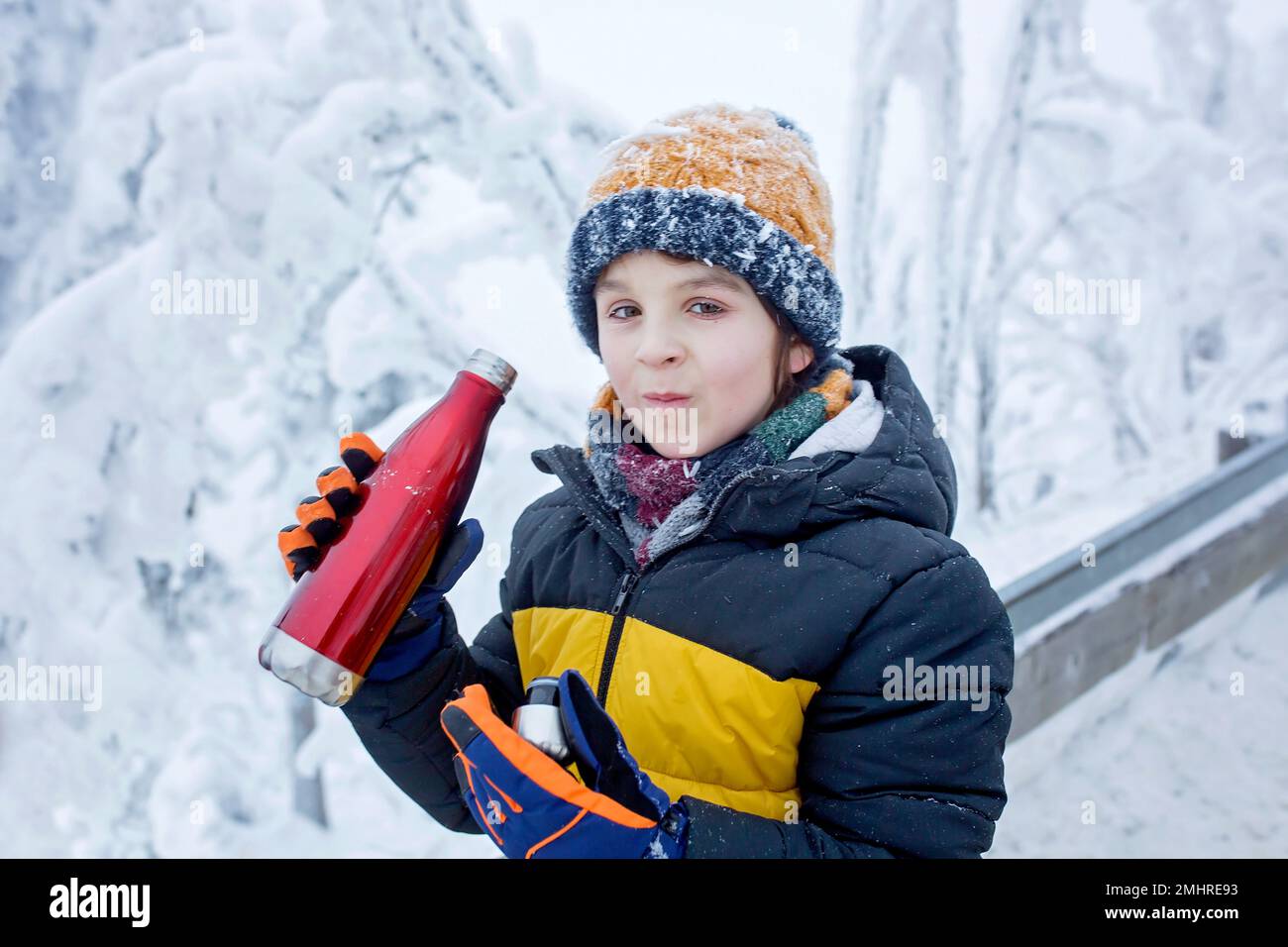 Sweet happy child, playing in deep snow in forest Stock Photo - Alamy