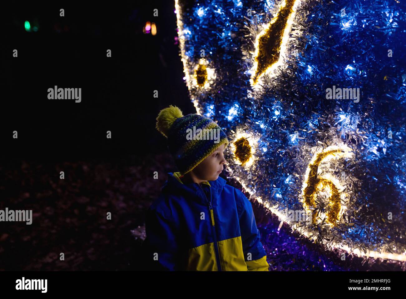Cute child, boy, watching at lights in light show park, closeup Stock ...