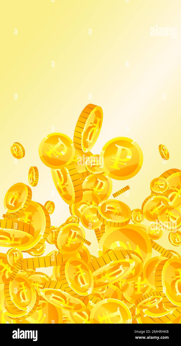 Russian ruble coins falling. Scattered gold RUB coins. Russia money ...