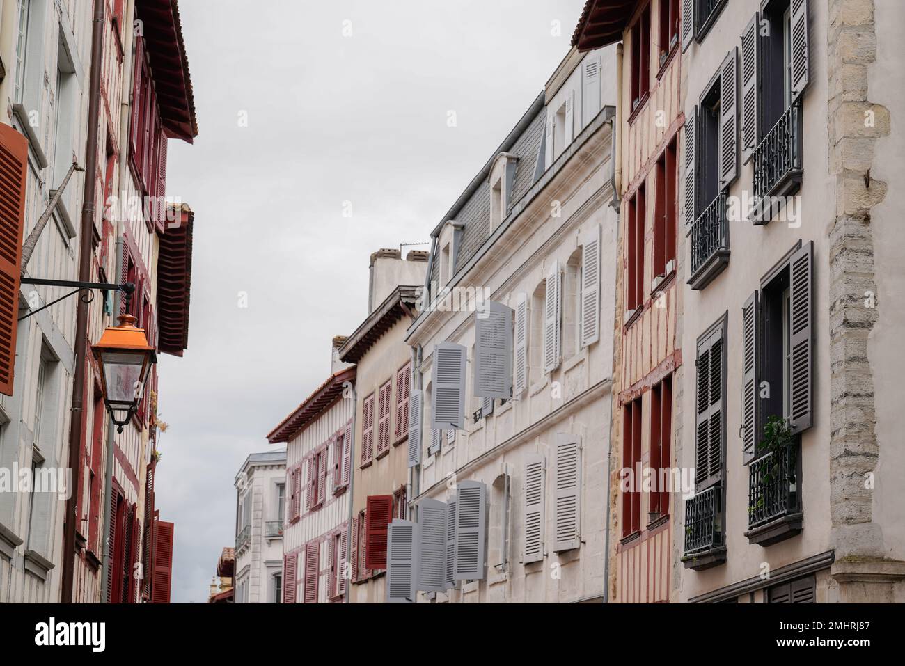 Old street buildings in bask Bayonne town in basque country in France ...