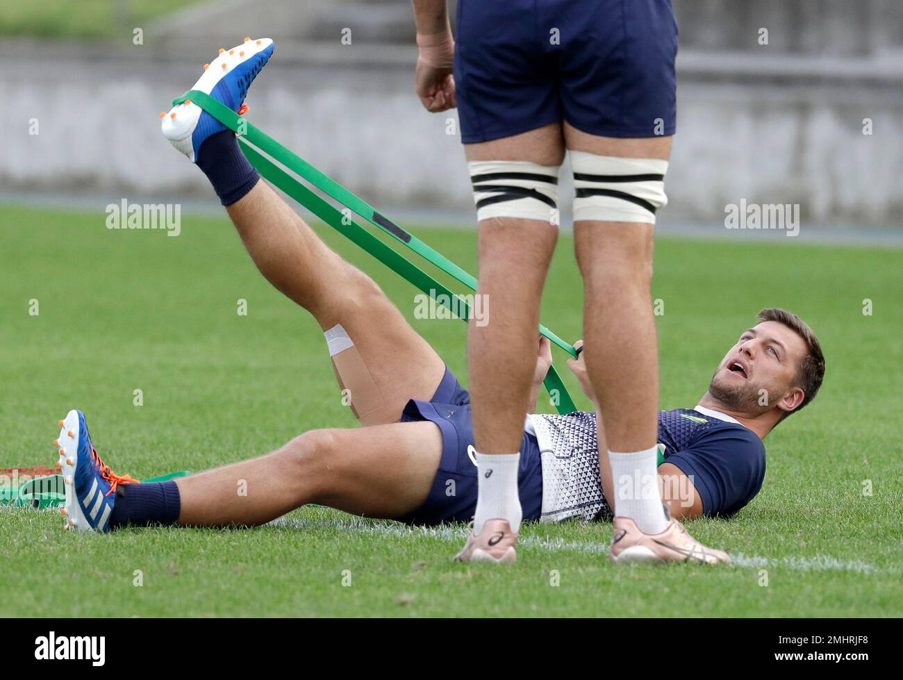 South Africa's Handre Pollard stretches during a training session in ...