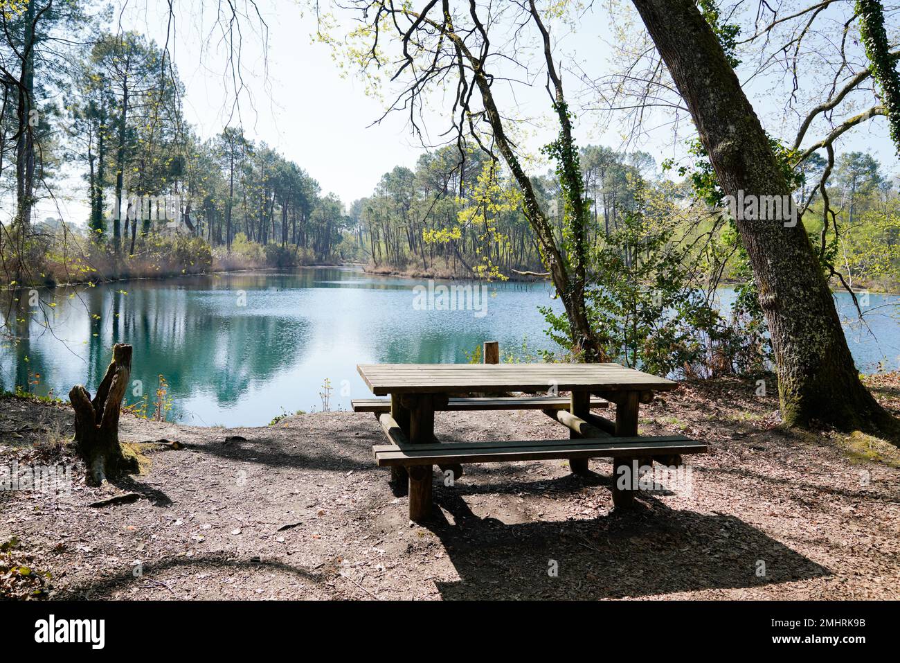 Wooden picnic table in lake side coast landscape background Stock Photo ...