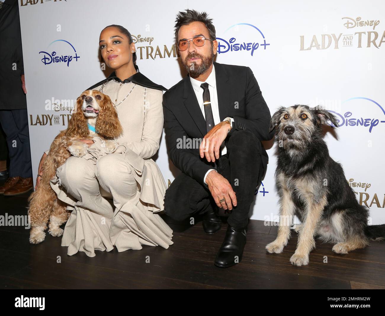 Tessa Thompson, left, and Justin Theroux, right, attend a special ...