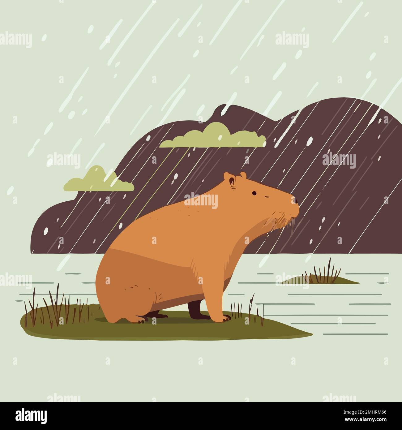 cute capybara animal in the water of a river during a rain Stock Vector ...