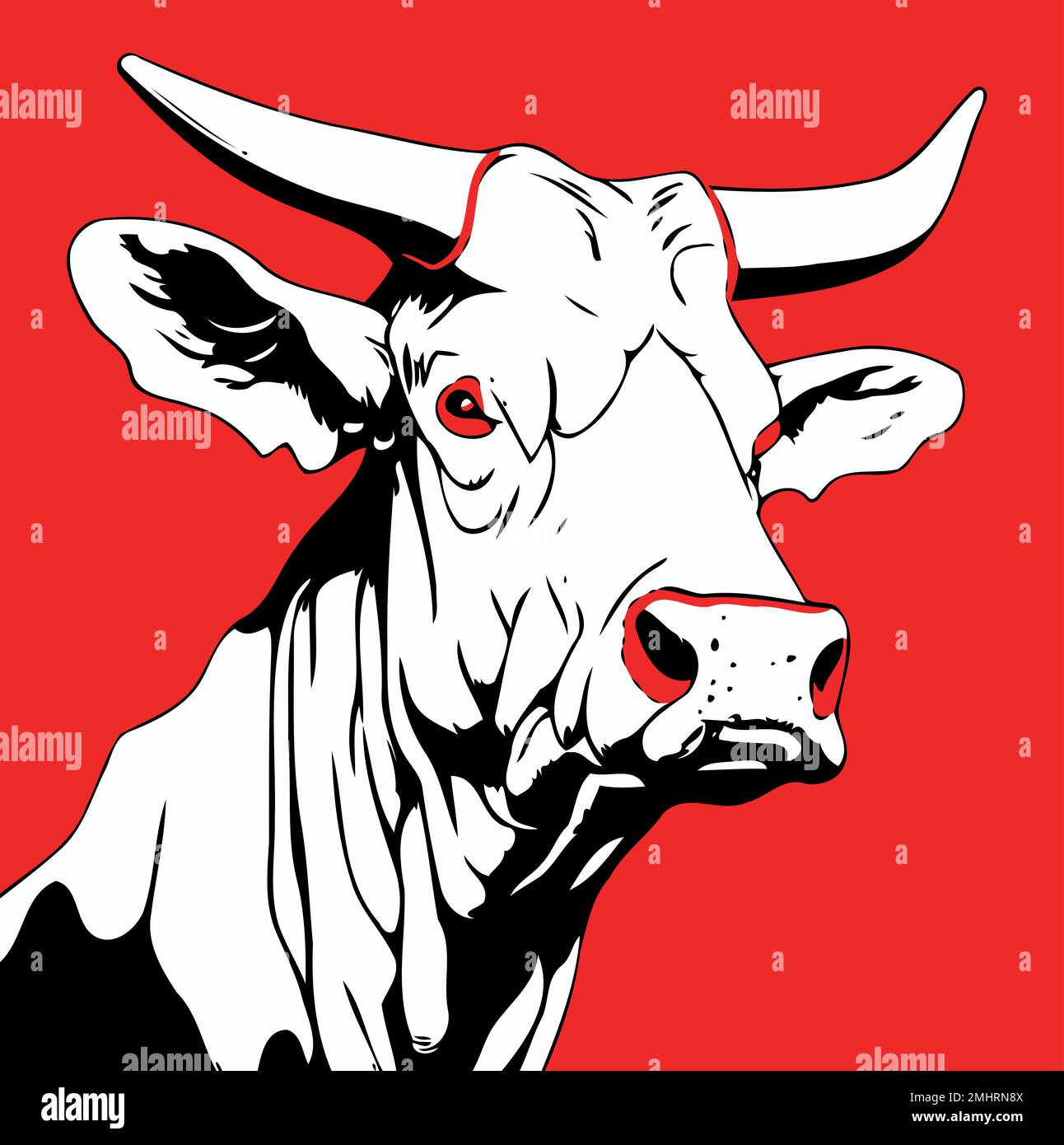 Angry horned bull head in black and white colored red to illustrate the ...