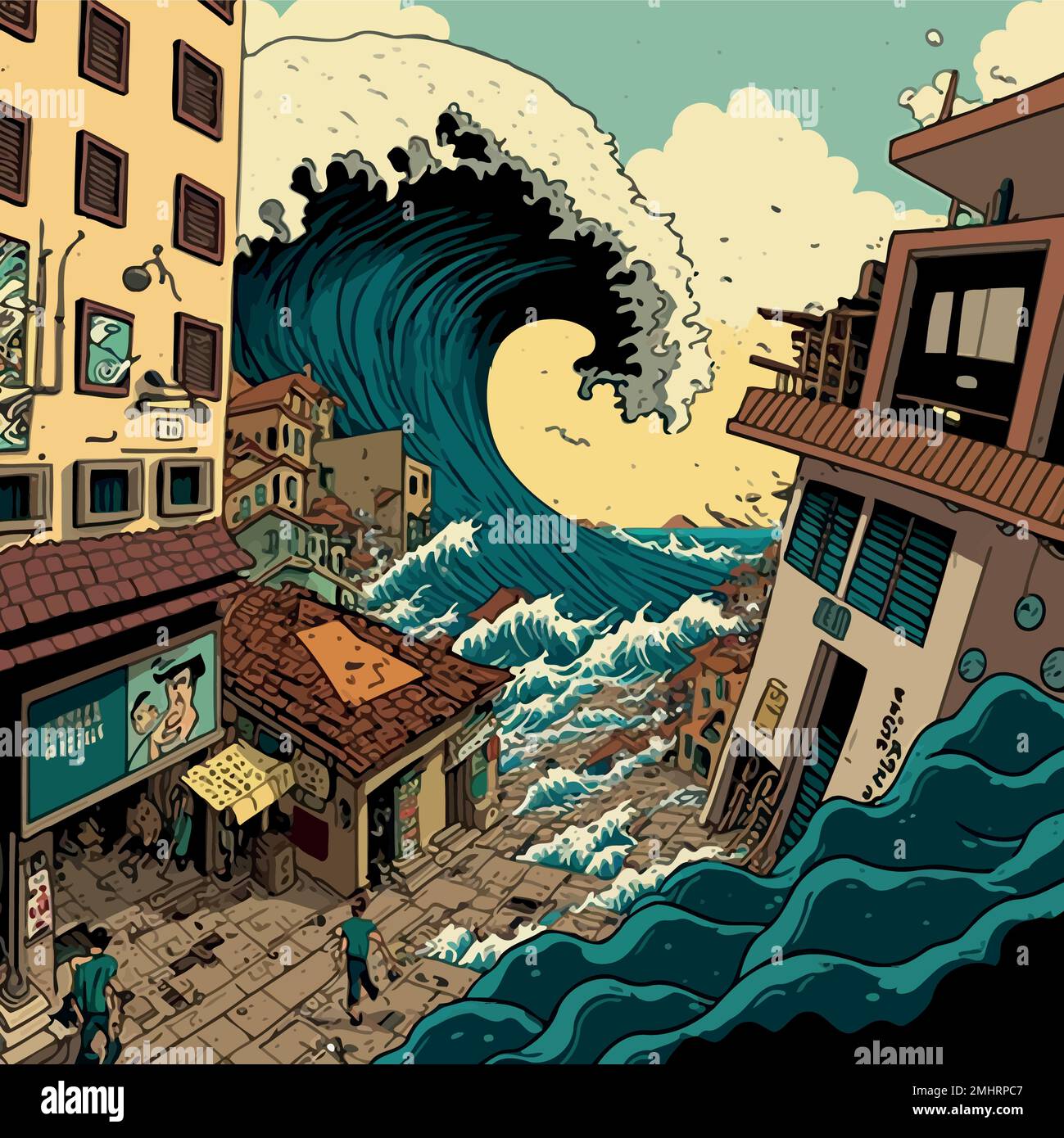 Illustration of giant marine tsunami destroying a city with buildings ...