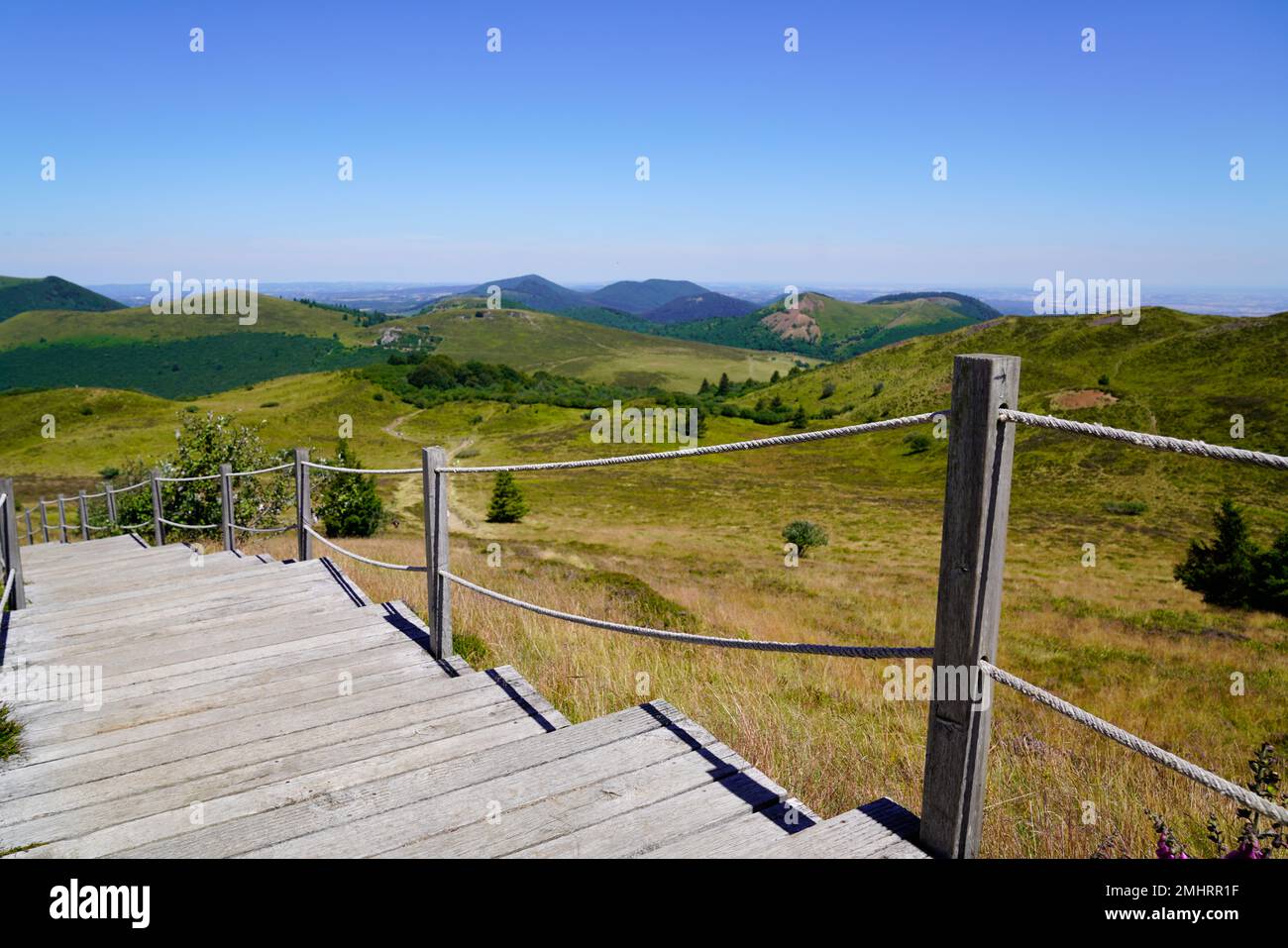 stairs wooden walking path in puy de dome french mountains volcano ...