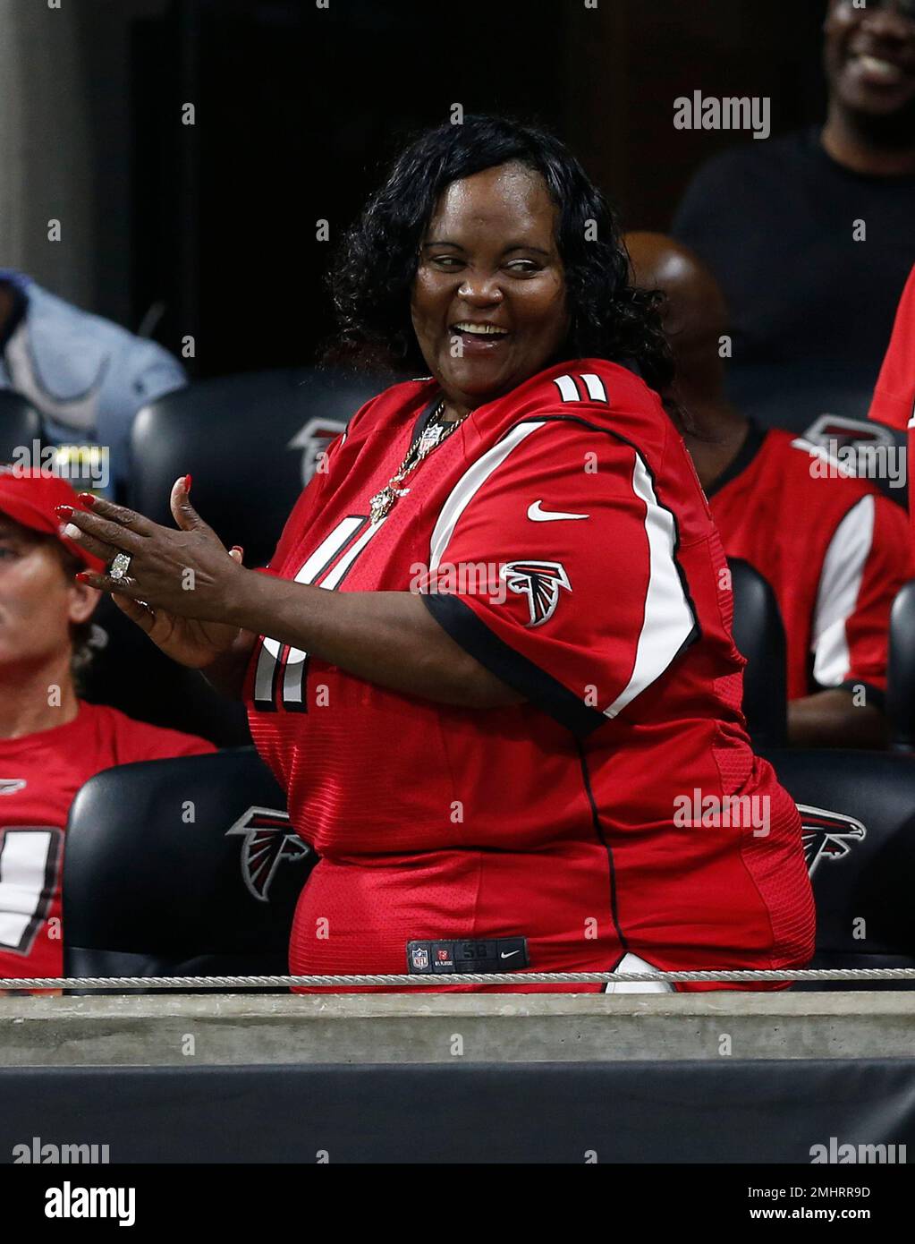 Queen Marvin, mother of Atlanta Falcons wide receiver Julio Jones (11) (not pictured), reacts ...