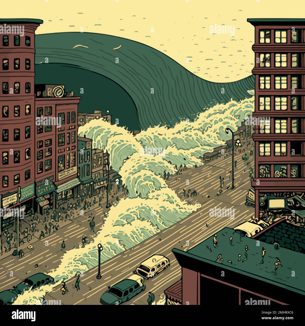 Illustration of giant marine tsunami destroying a city with buildings ...