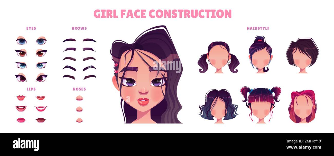 Asian girl face constructor set isolated on white background. Vector ...
