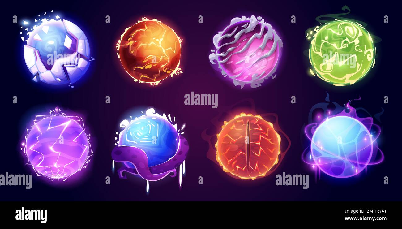 Magic balls, crystal spheres and energy orbs with glow, lightnings ...