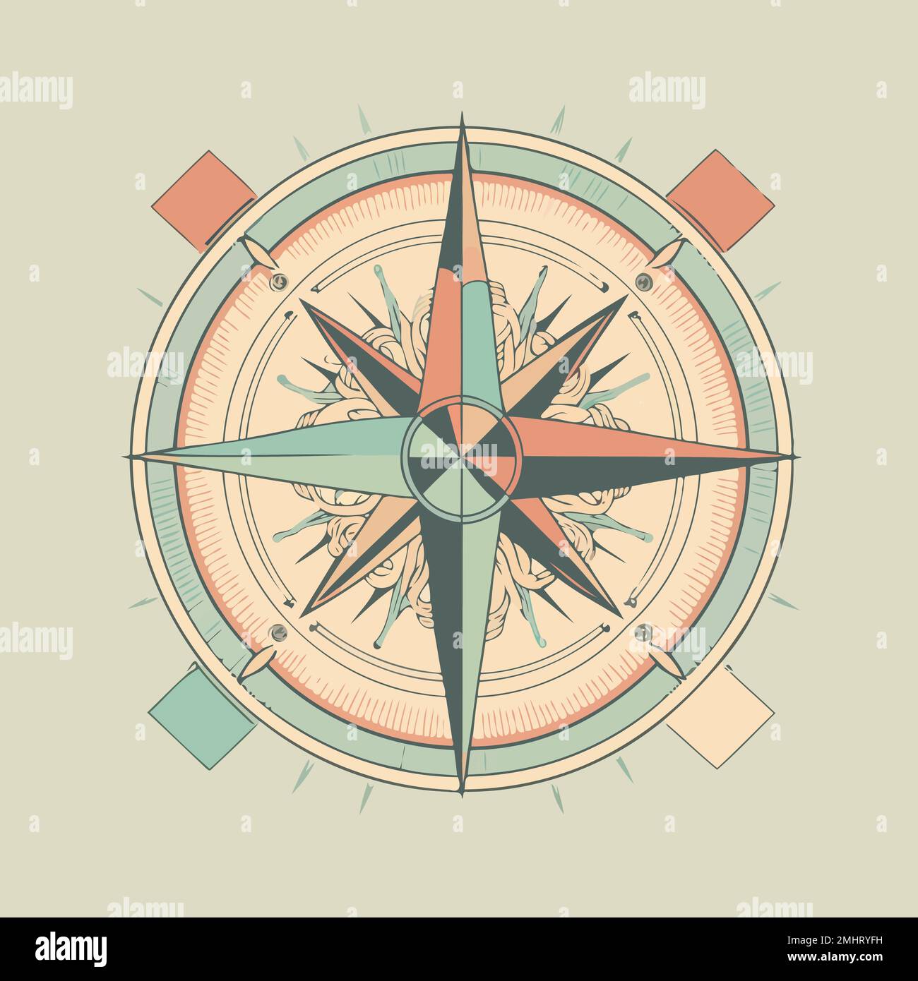 Compass wind rose in stylized and colored lineart illustration style ...