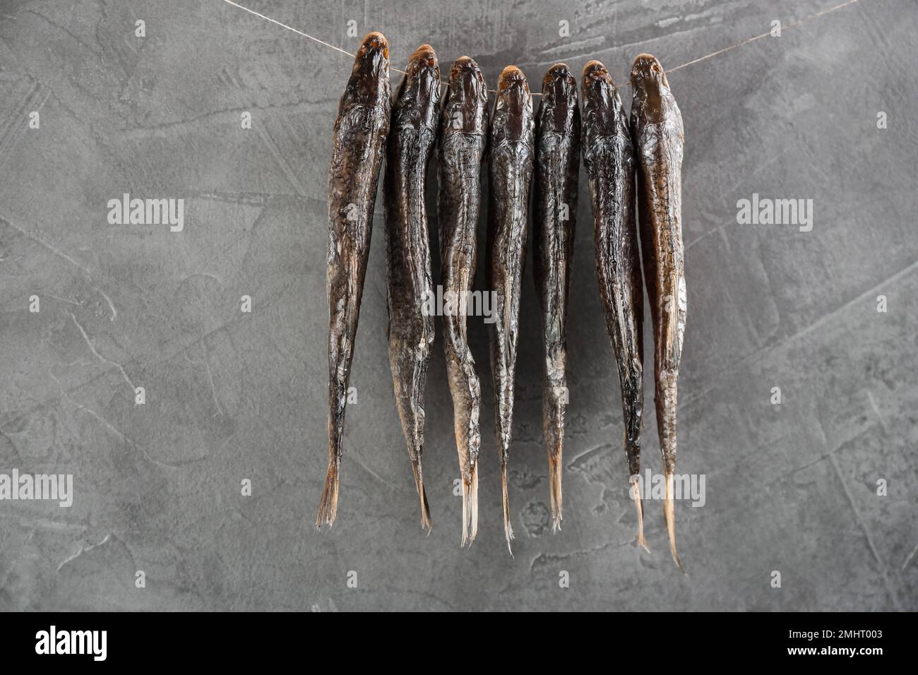Dried fish hanging on rope against grey background Stock Photo - Alamy