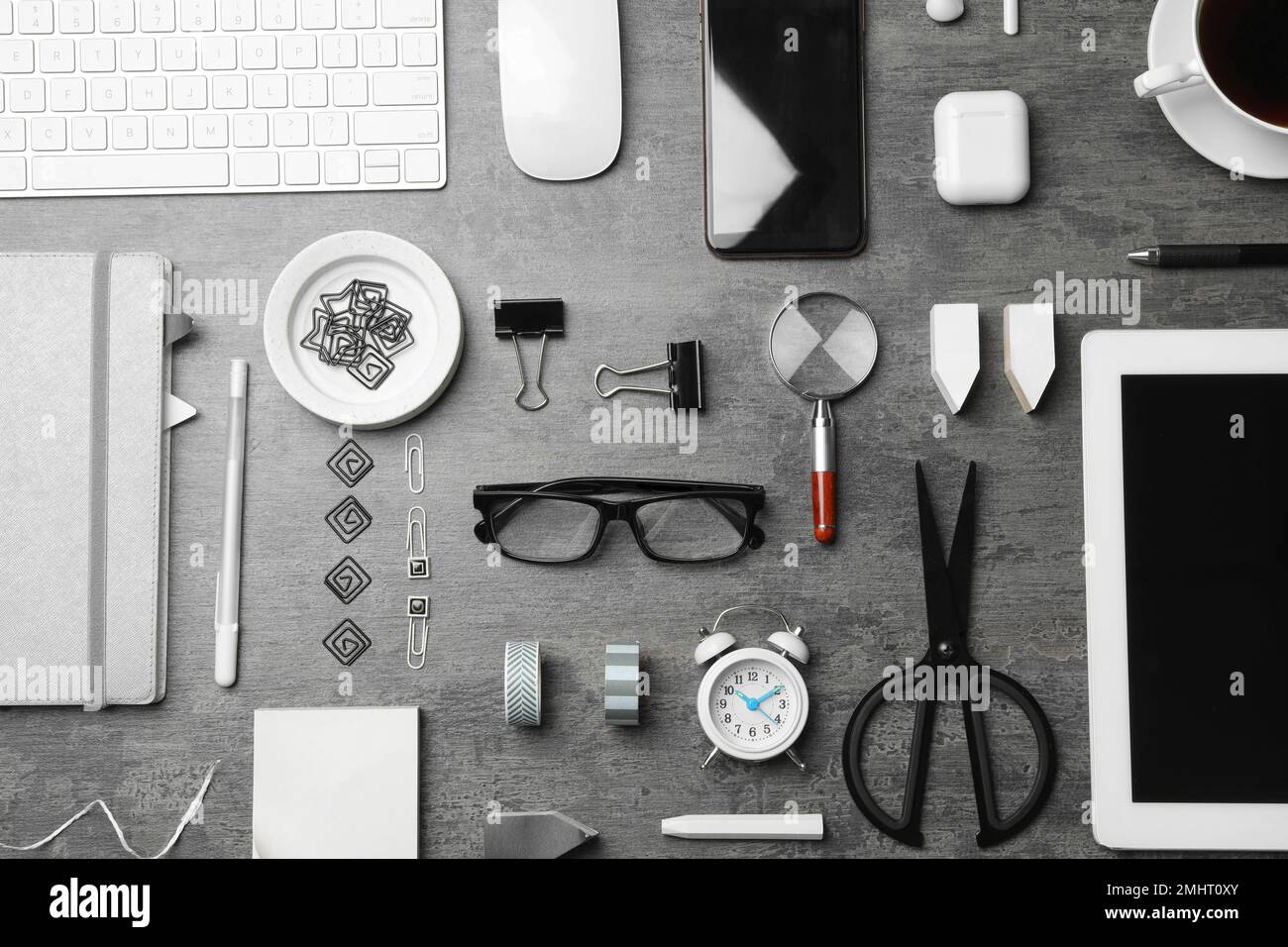 Flat lay composition with digital devices and different office items on ...