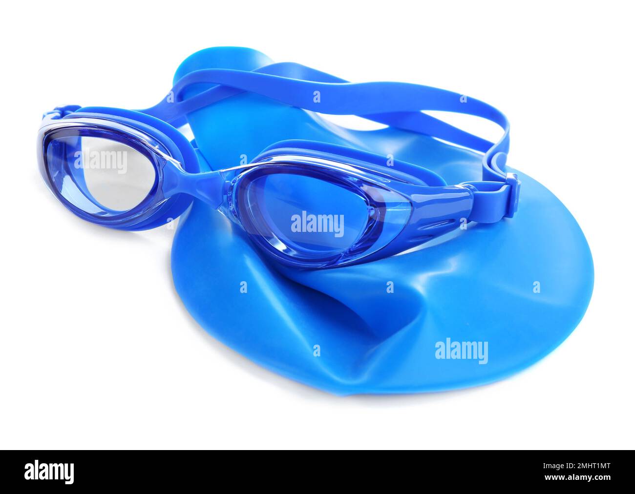 Swim goggles and cap isolated on white. Beach objects Stock Photo - Alamy