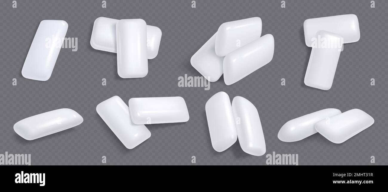 White chewing gums, mint candies for fresh breath. Piles of sweet ...