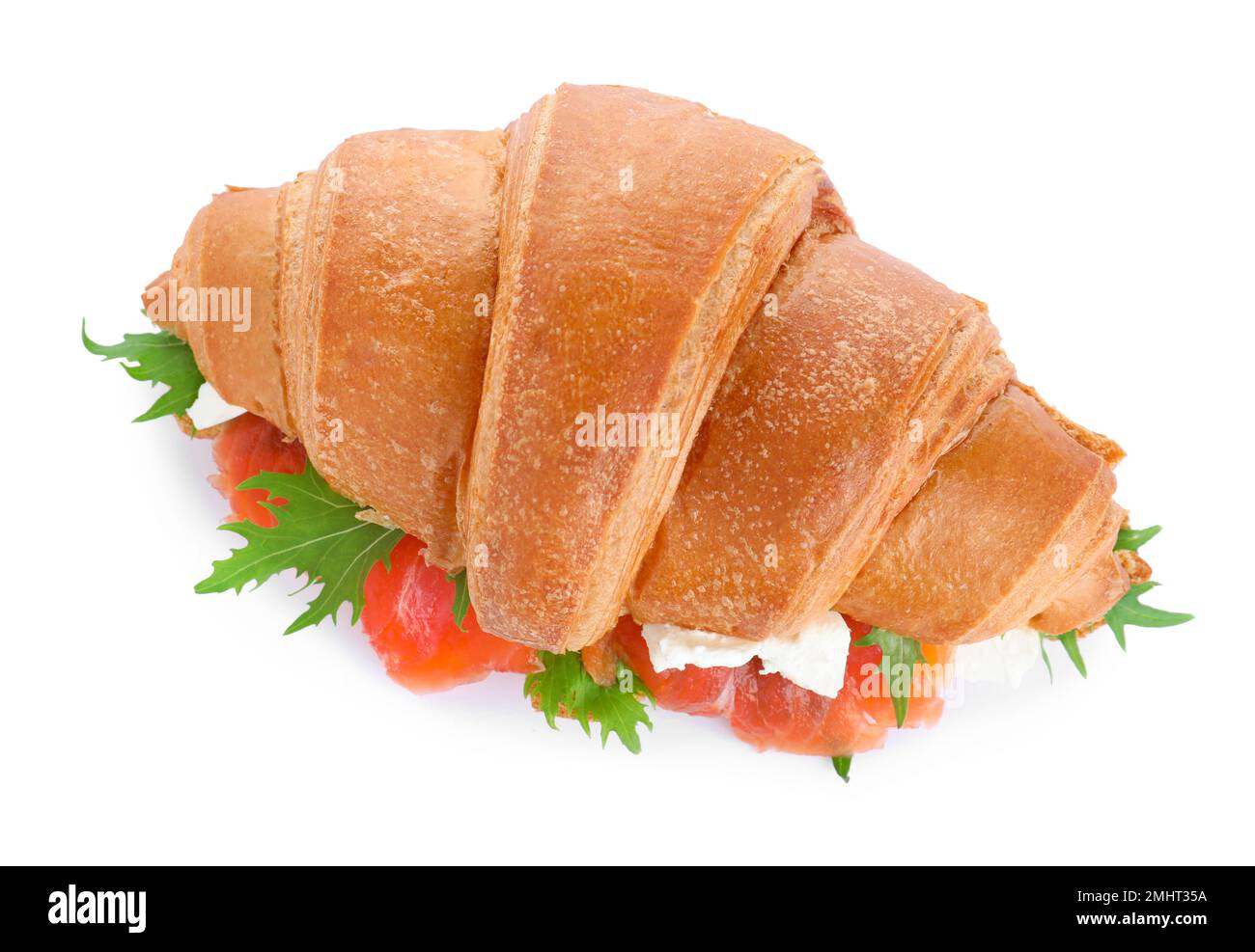 Tasty croissant sandwich with red fish isolated on white, top view ...