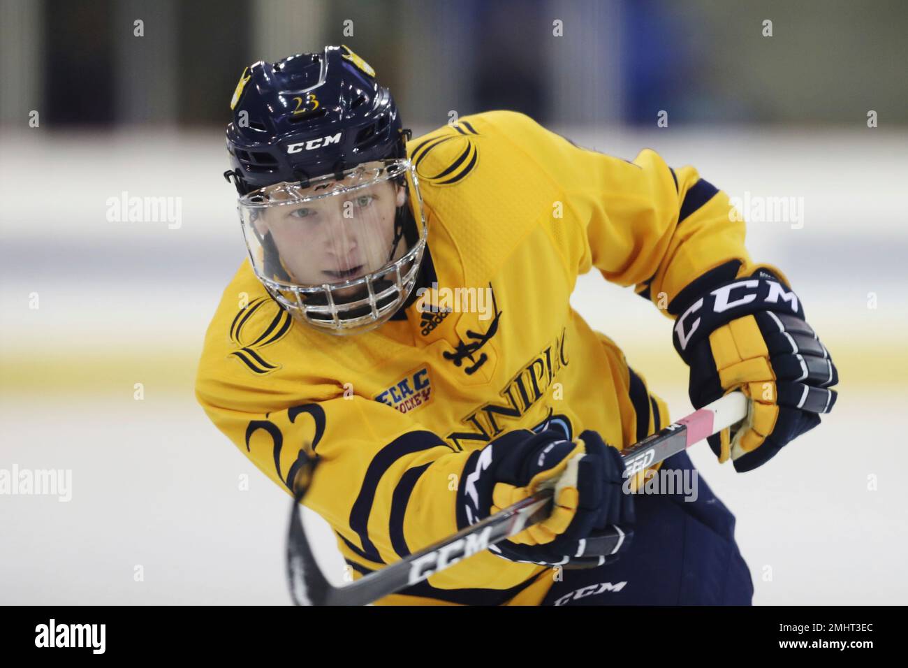 Quinnipiac defenseman Zach Metsa (23) shoots on goal during an NCAA ...