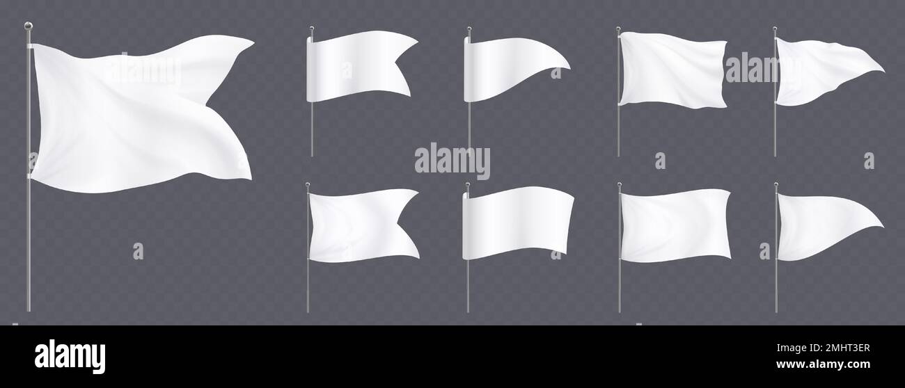 White flags and pennants on poles mockup. Blank fabric banners triangle ...