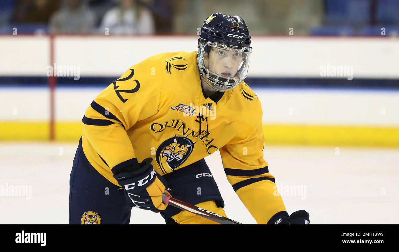 Quinnipiac forward Skyler Brind'Amour (22) watches the puck during an ...