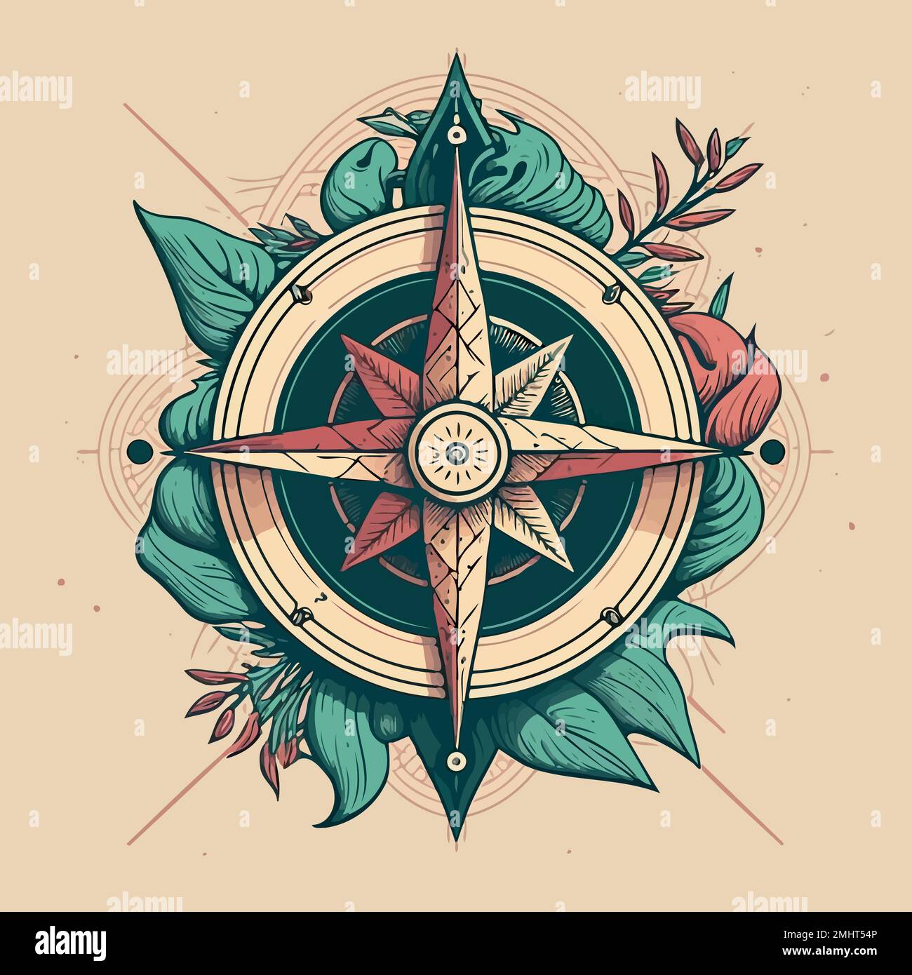 Compass wind rose in stylized and colored lineart illustration style ...