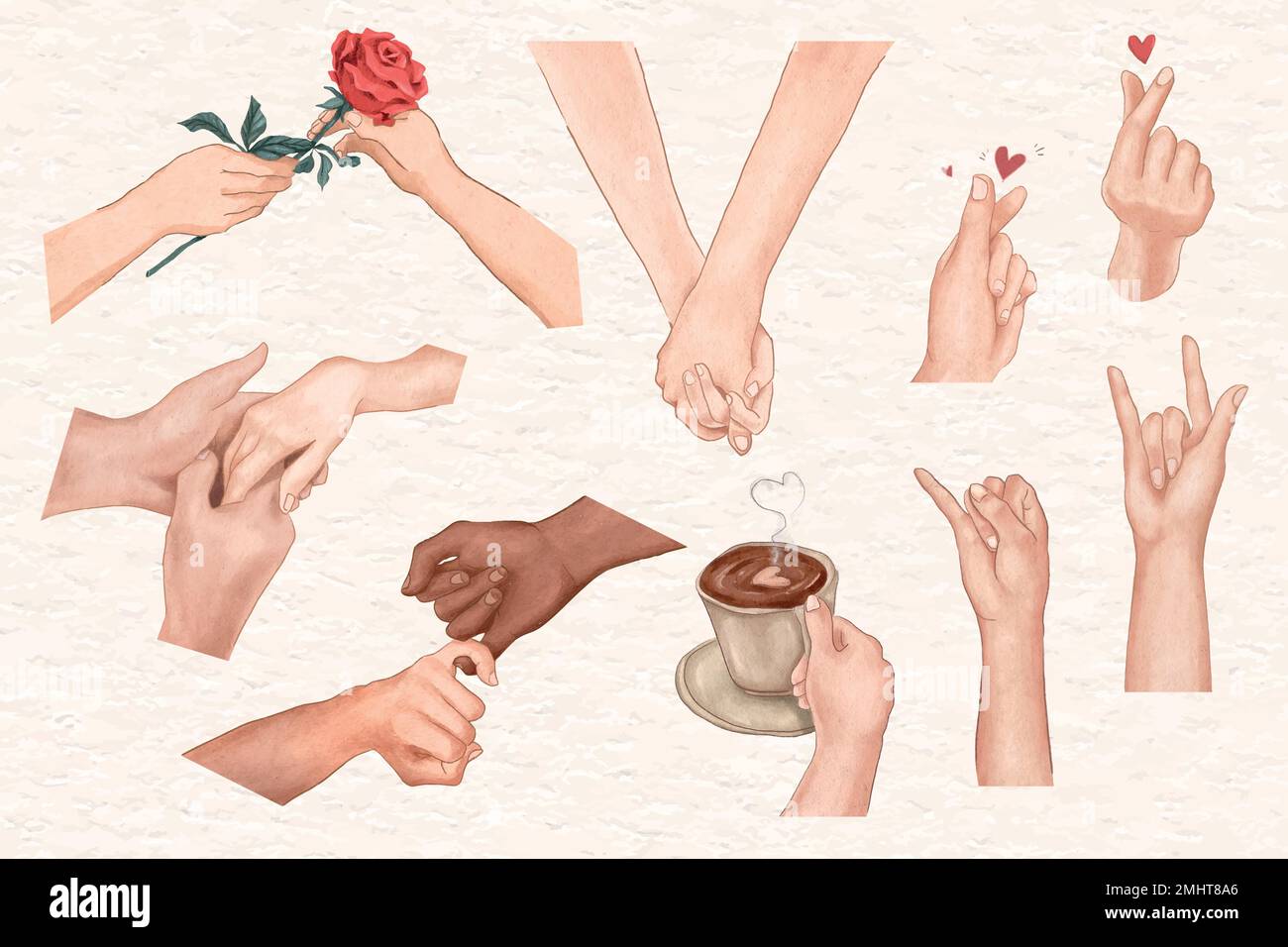 Couple hand gestures Valentine’s vector aesthetic design elements set ...