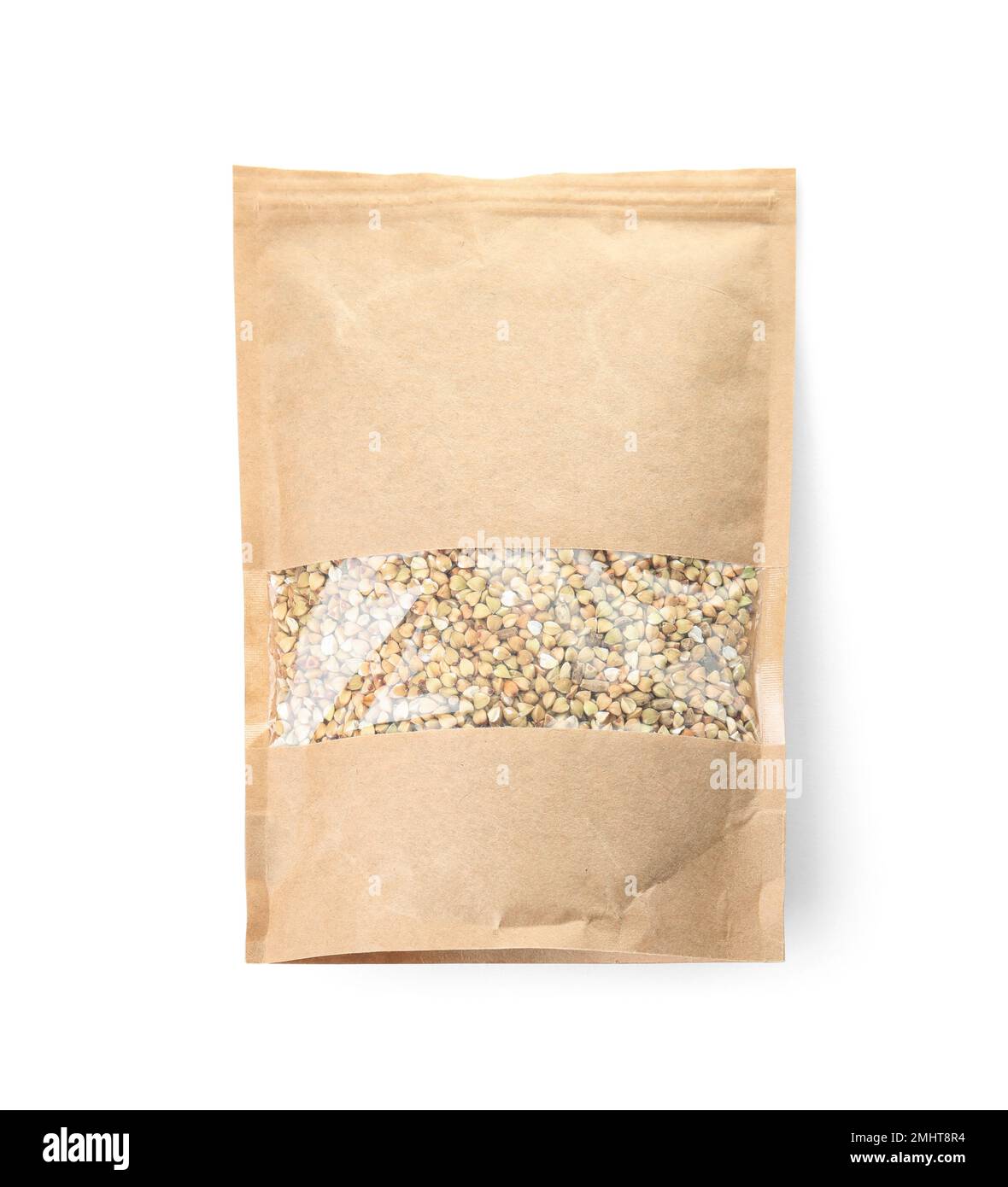 Uncooked green buckwheat grains in package isolated on white, top view ...