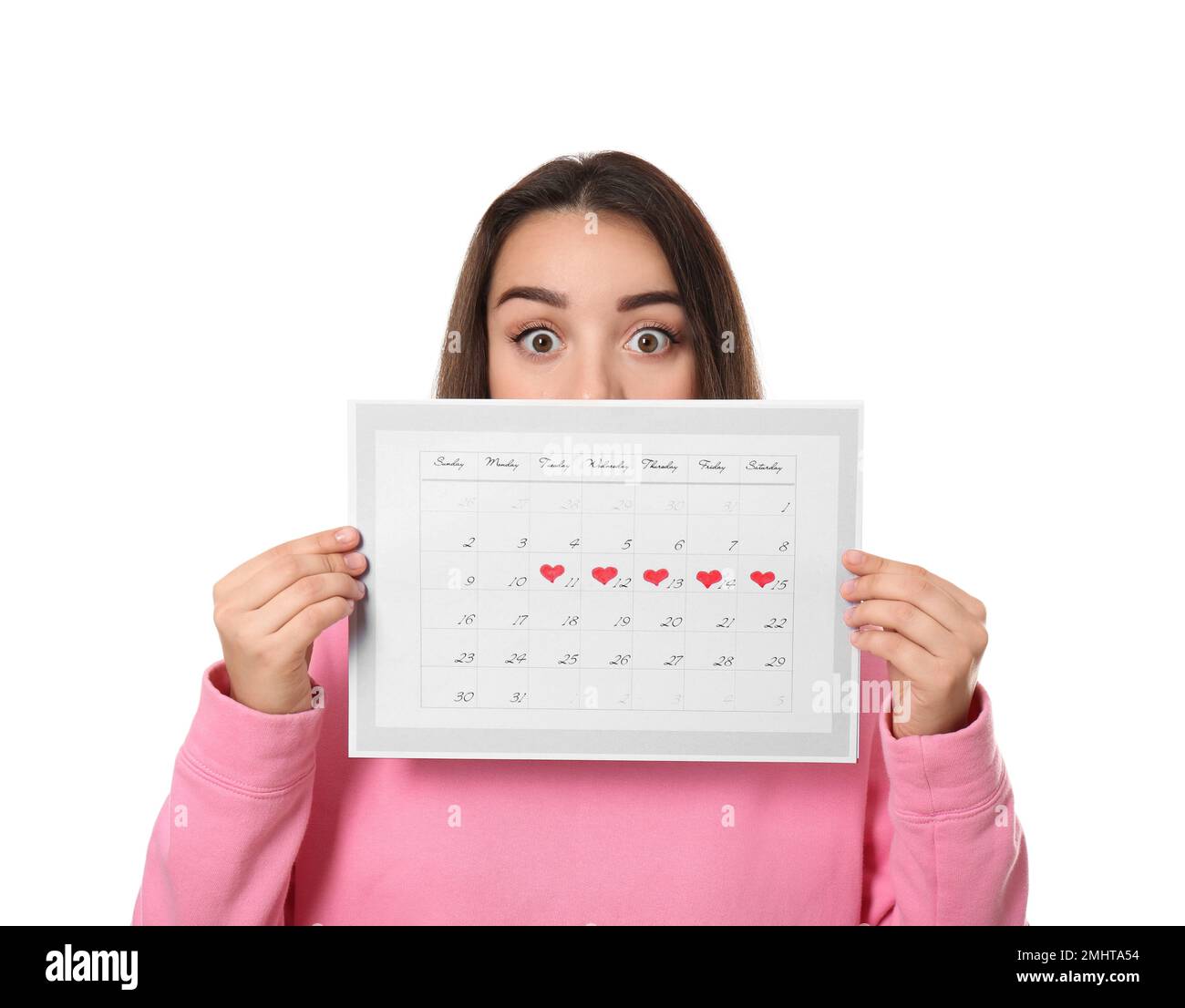 Young woman holding calendar with marked menstrual cycle days isolated ...