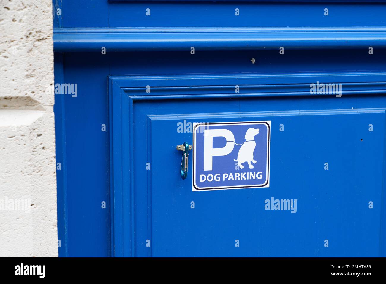 dog parking sign on blue vintage door front of shop Stock Photo - Alamy