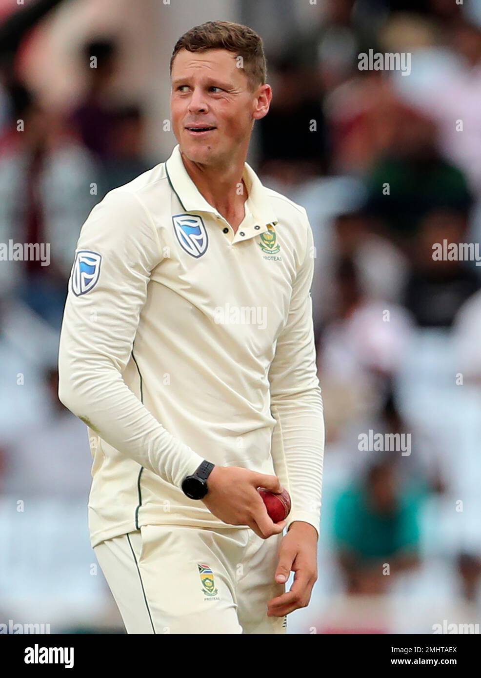 South Africa's George Linde prepares to bowl his next delivery during ...