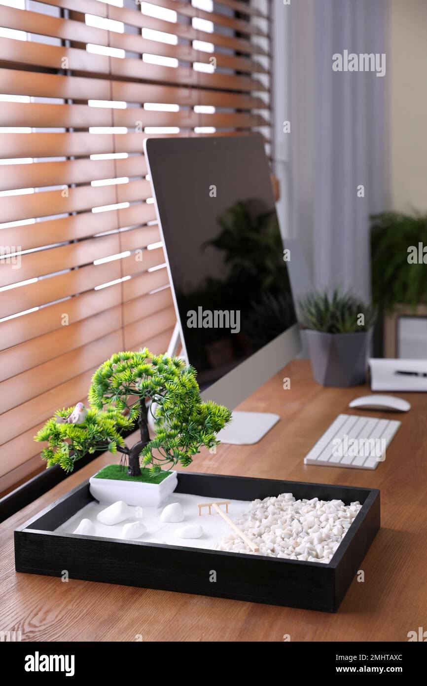 Modern workplace with beautiful miniature zen garden and computer in ...