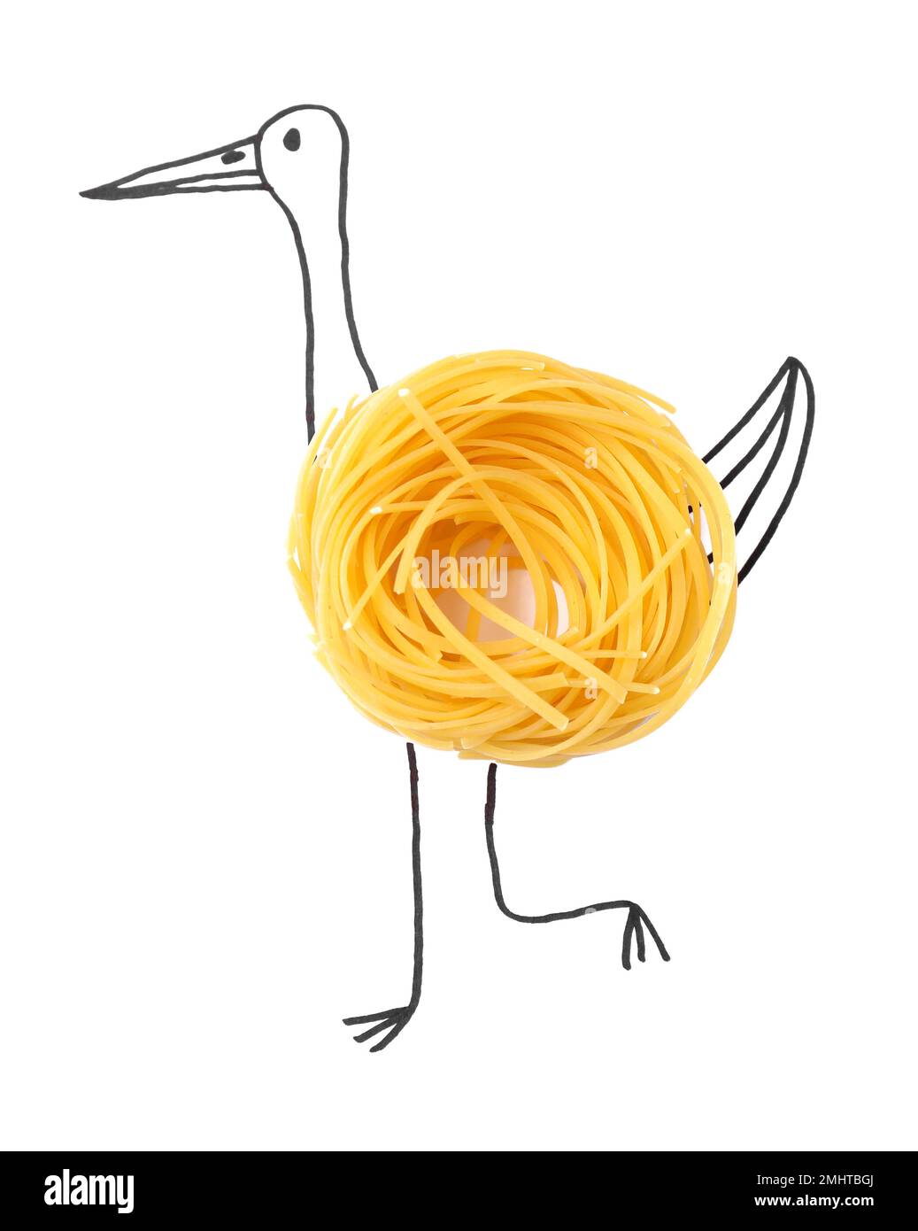 Funny bird made with linguine pasta on white background, top view Stock ...