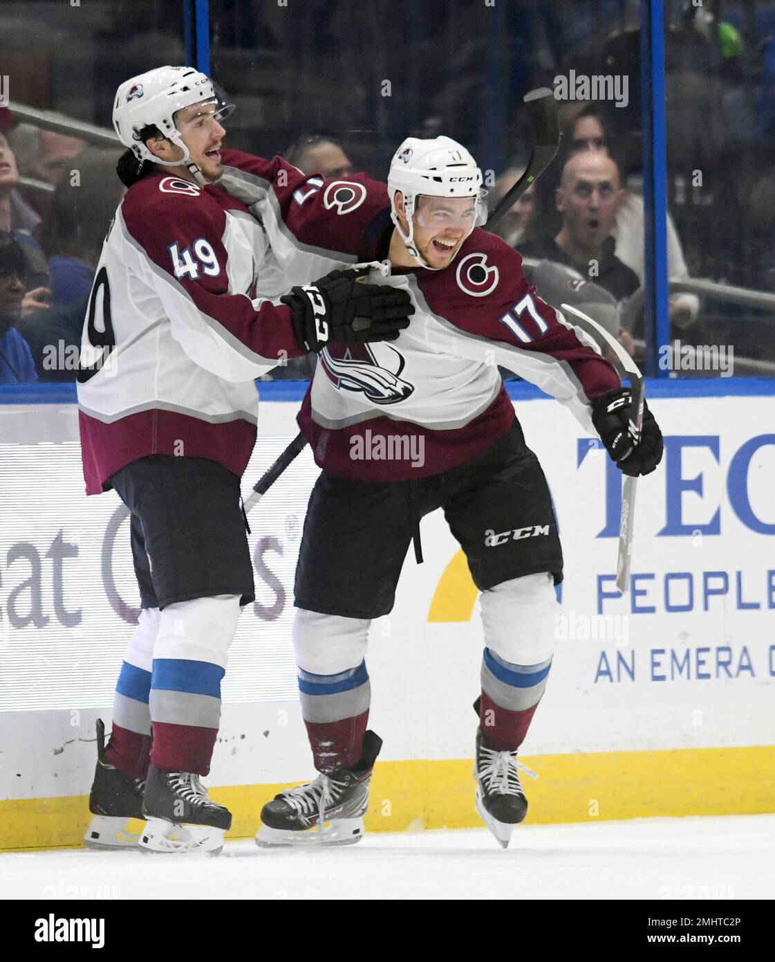 Colorado Avalanche defenseman Samuel Girard (49) and center Tyson Jost ...