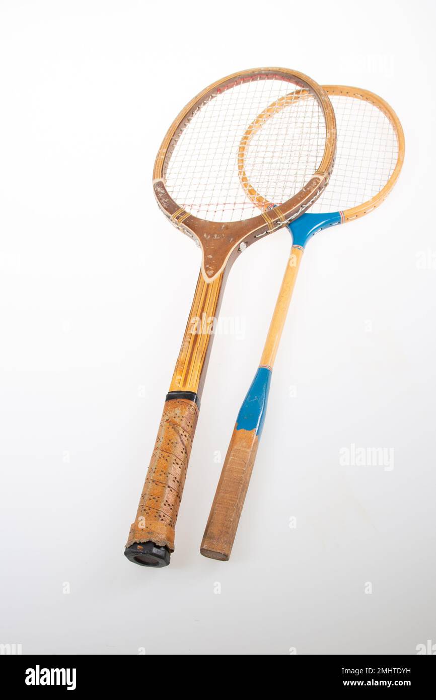 vintage wooden tennis and badminton old wood racket Stock Photo - Alamy