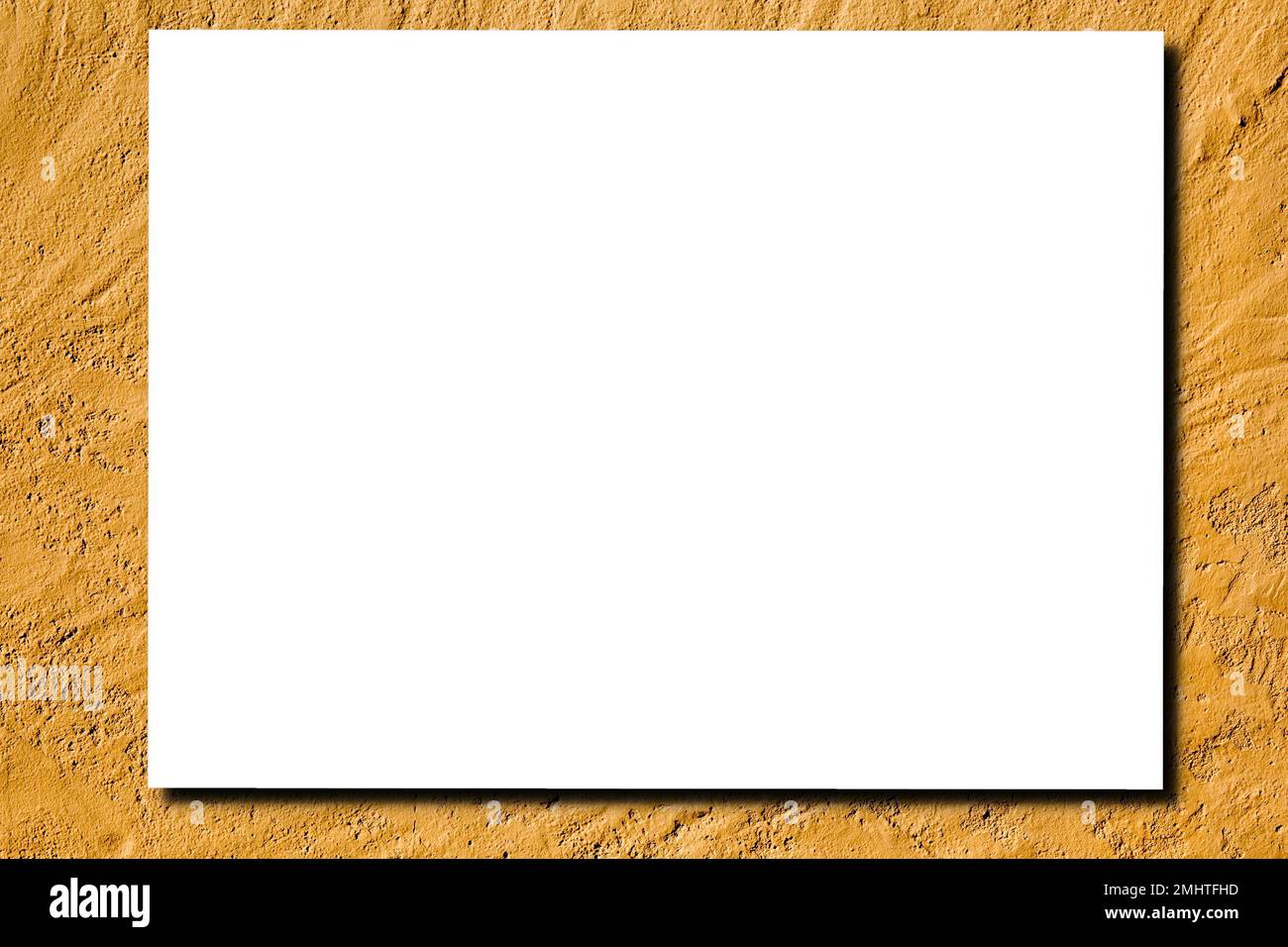 Empty white horizontal rectangle poster mockup on yellow ocher concrete ...