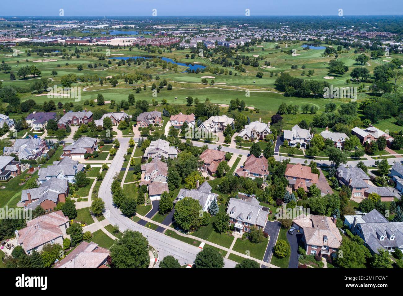 Aerial view of a neighborhood in suburban Chicago during summer with a ...