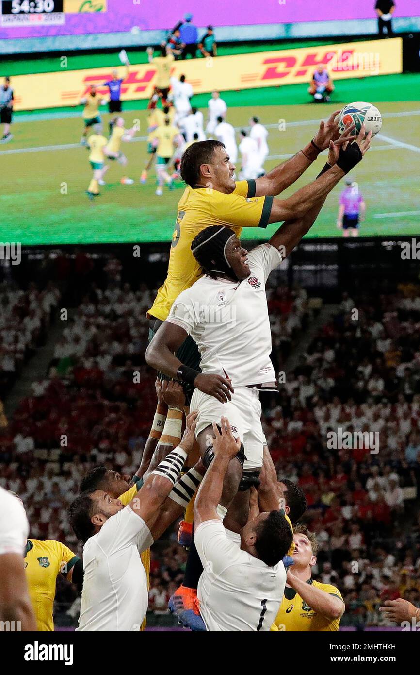 Australia's Rory Arnold and England's Maro Itoje compete for the ...