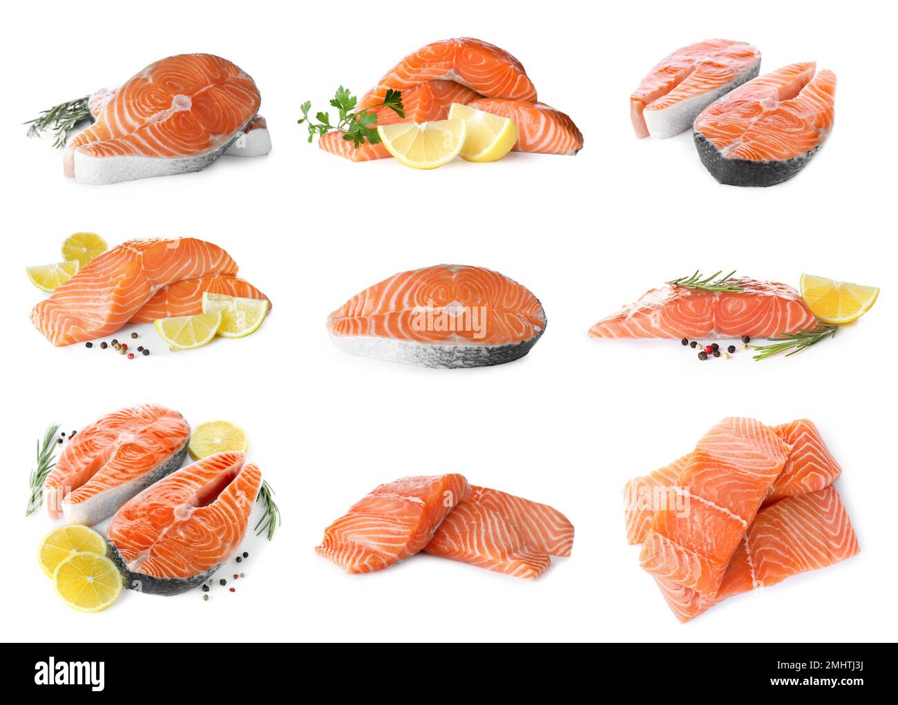 Set of fresh raw salmon on white background. Fish delicacy Stock Photo ...