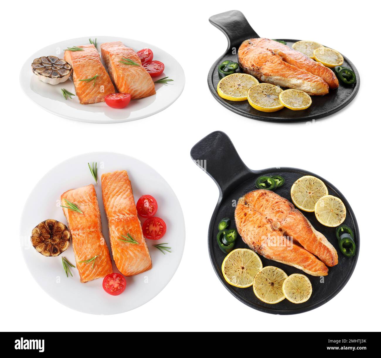 Set of delicious roasted fish on white background Stock Photo - Alamy