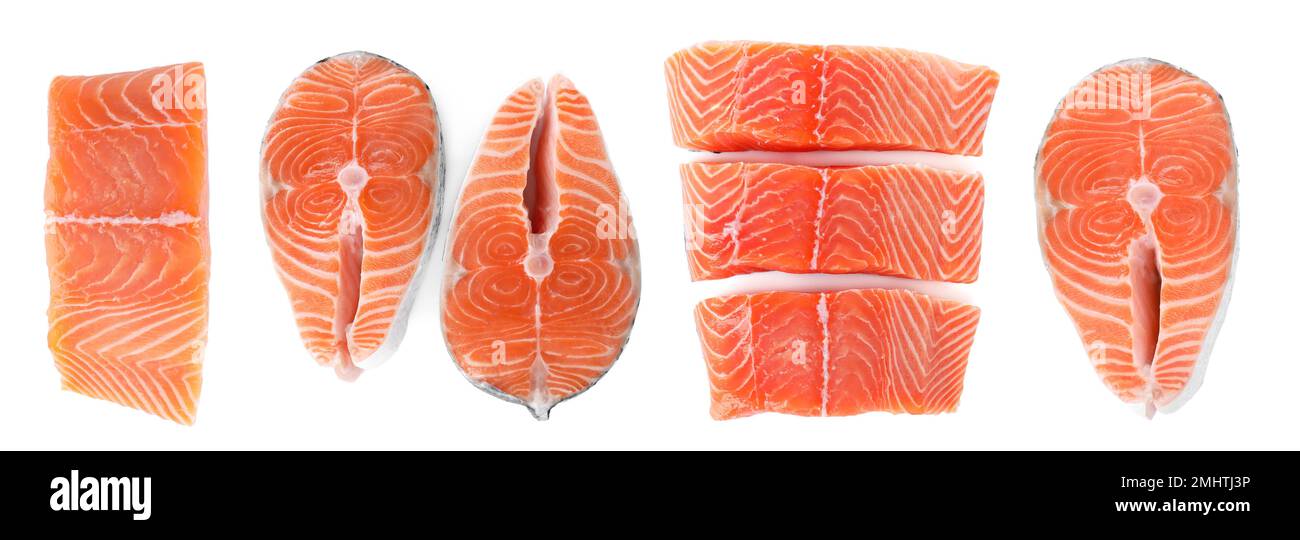 Set of fresh raw salmon on white background, top view. Fish delicacy ...