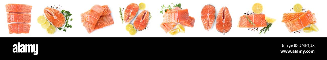 Set of fresh raw salmon on white background, top view. Fish delicacy ...