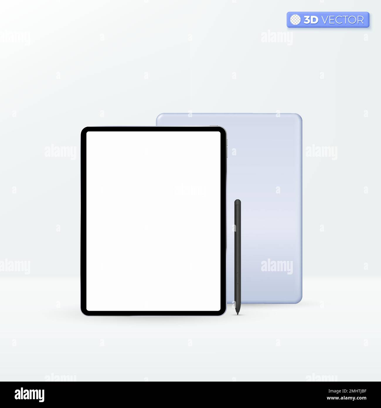 Tablet blank screen icon symbol. Tablet front and back with stylus ...