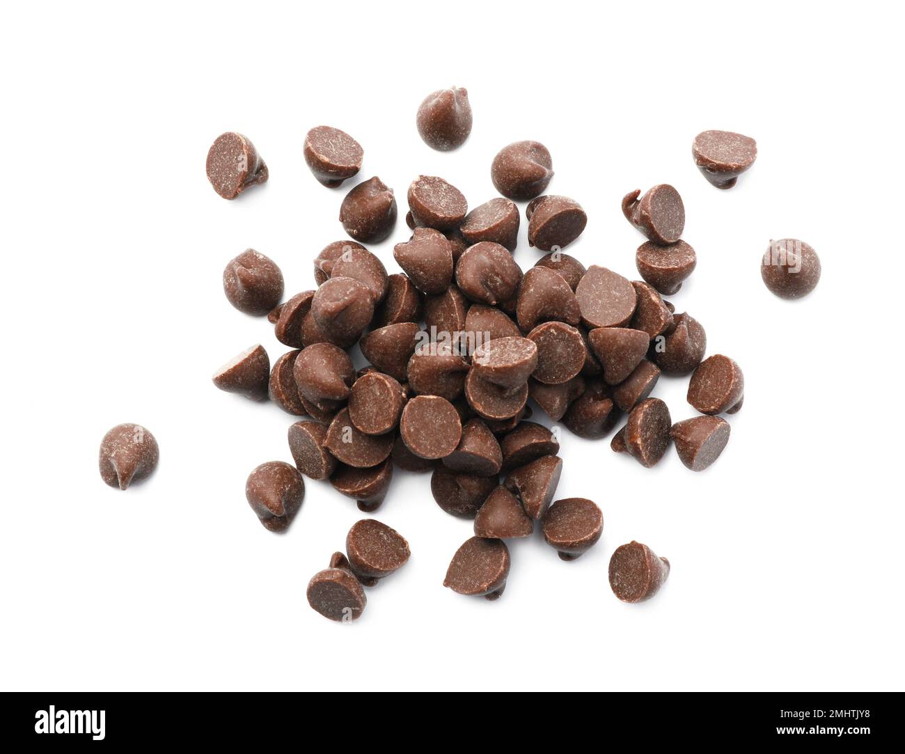 Pile of delicious chocolate chips isolated on white, top view Stock ...