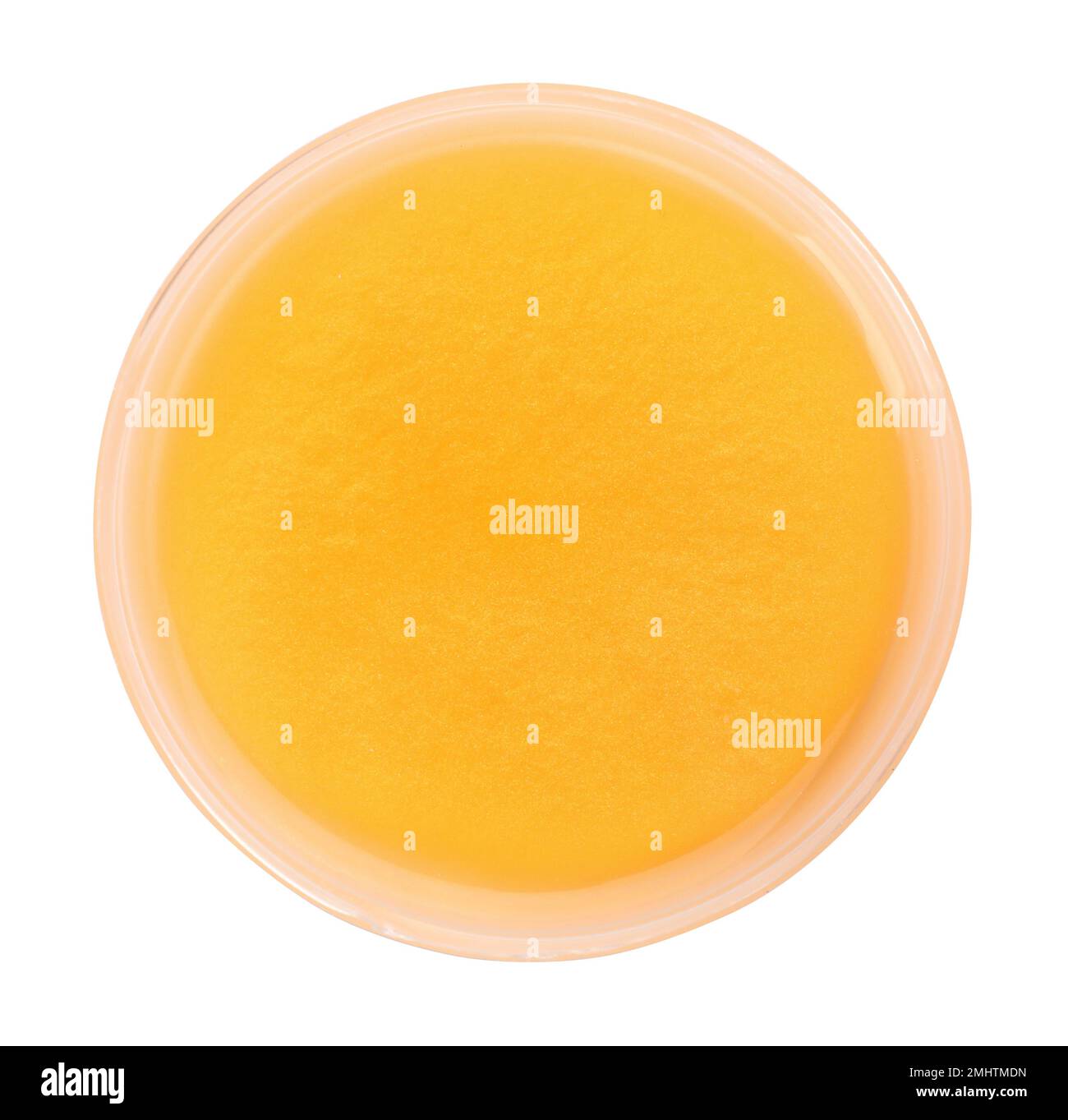 Orange slime in plastic container isolated on white, top view ...